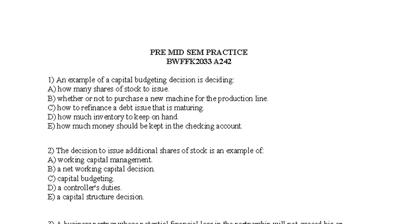 Pre Mid Sem Practice Questions for BWFFK2033 - Studocu