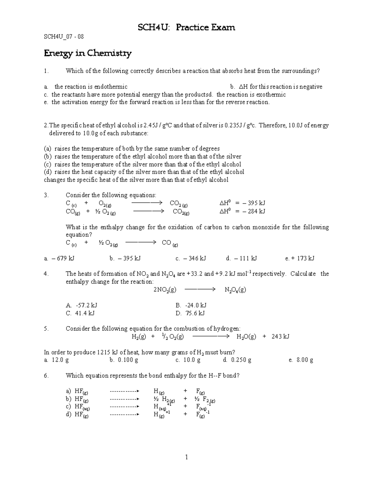 SCH4U: Energy in Chemistry Practice Exam and Answer Key - Studocu
