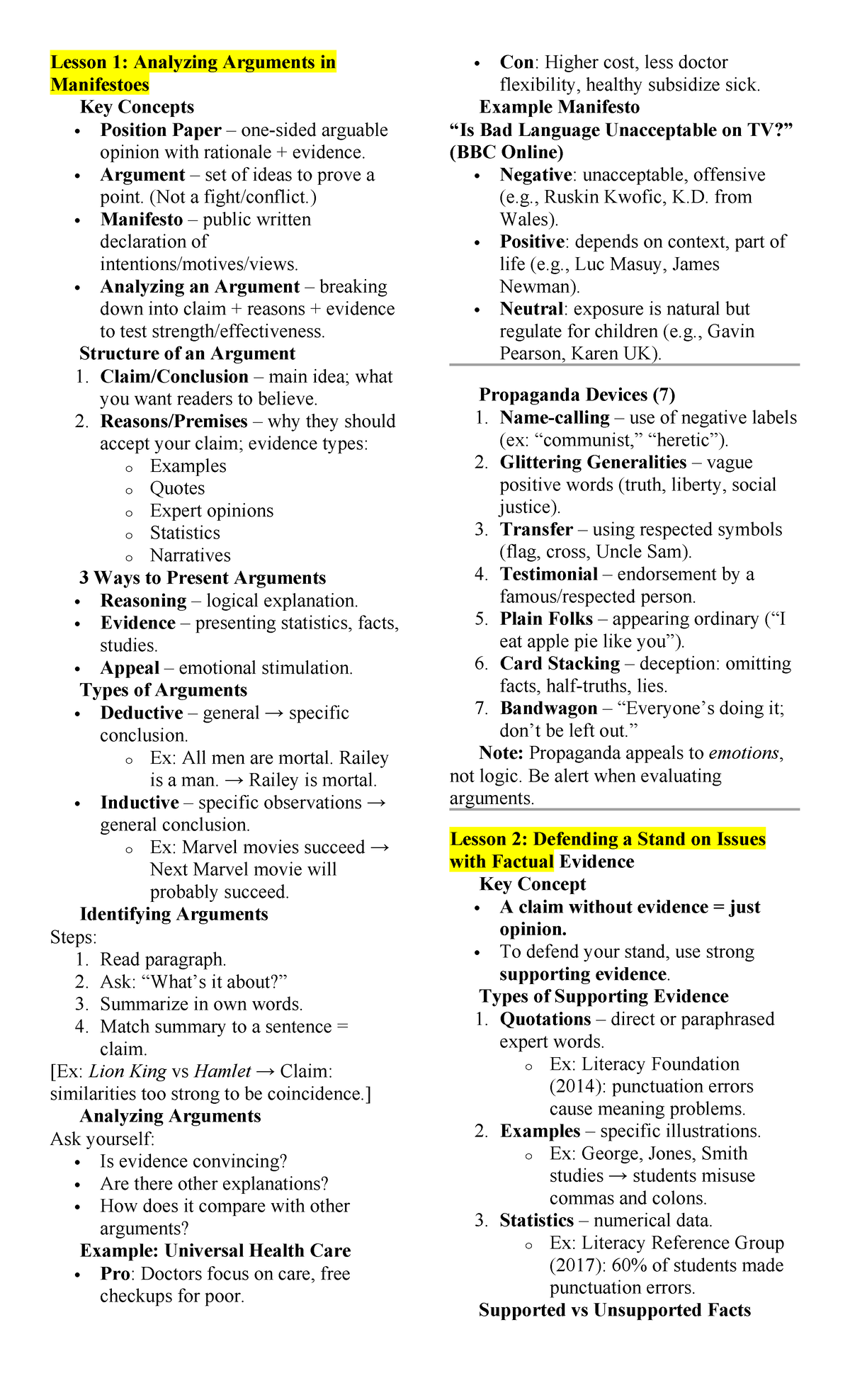 Lesson 1: Analyzing Arguments in Manifestoes - Key Concepts and ...