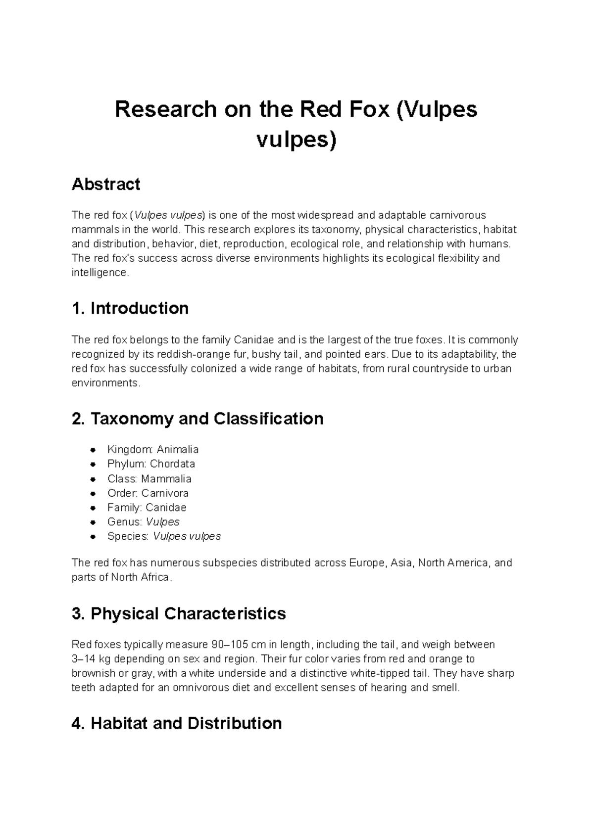 Research Study on the Red Fox (Vulpes vulpes) and Its Ecology - Studocu