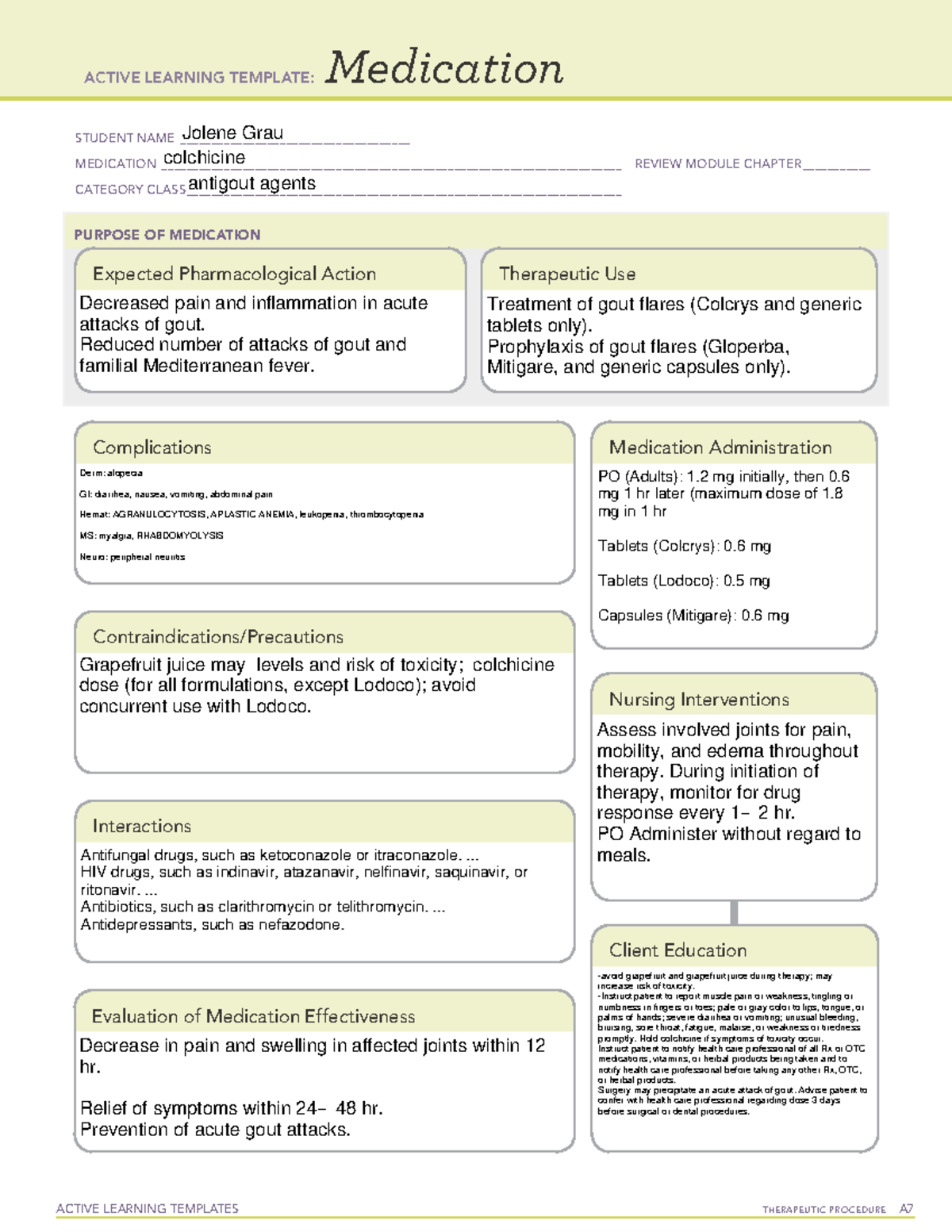 Colchicine Medication Card: Active Learning Template for Nursing - Studocu