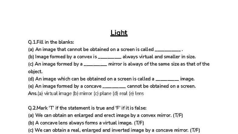 Light - Fill in the Blanks & True/False Questions (Q1-Q10) - Studocu