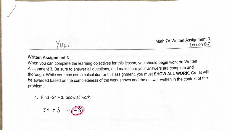 Math 7A Written Assignment 3: Yuki's Lesson Overview - Studocu