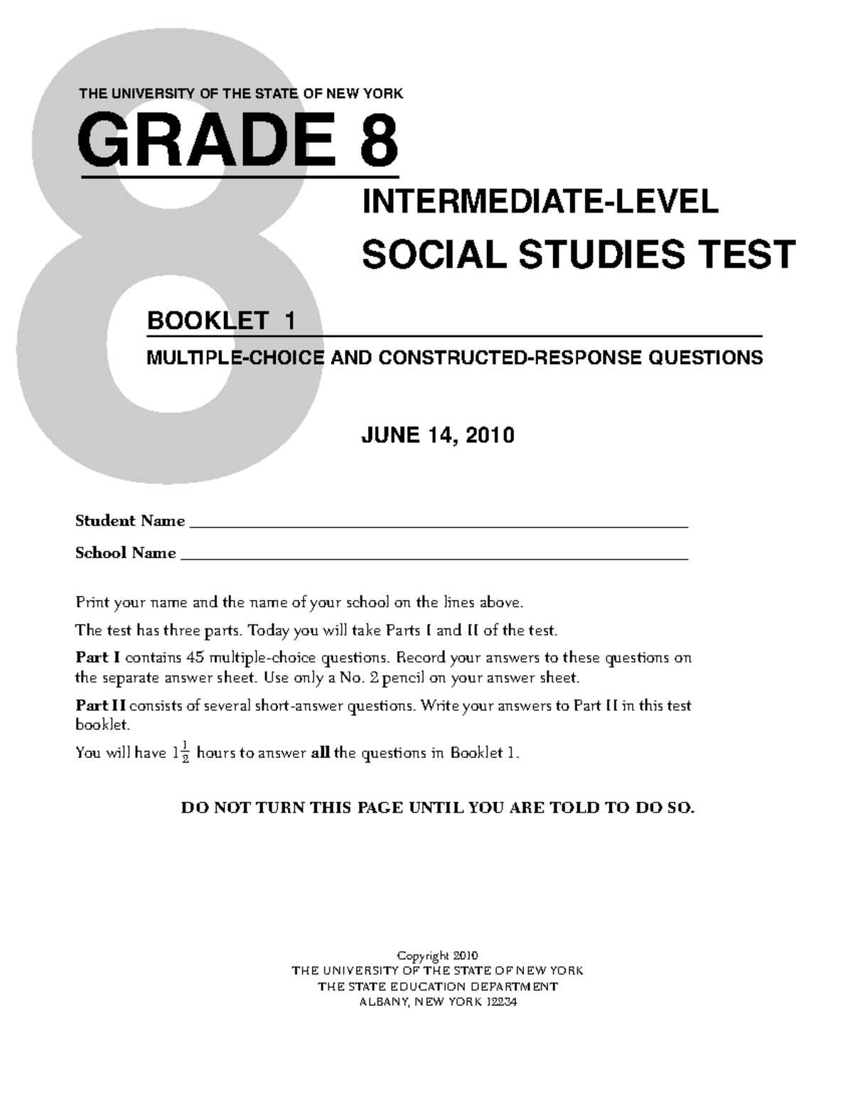 Grade 8 Social Studies Test Booklet 1 - June 2010 - Studocu