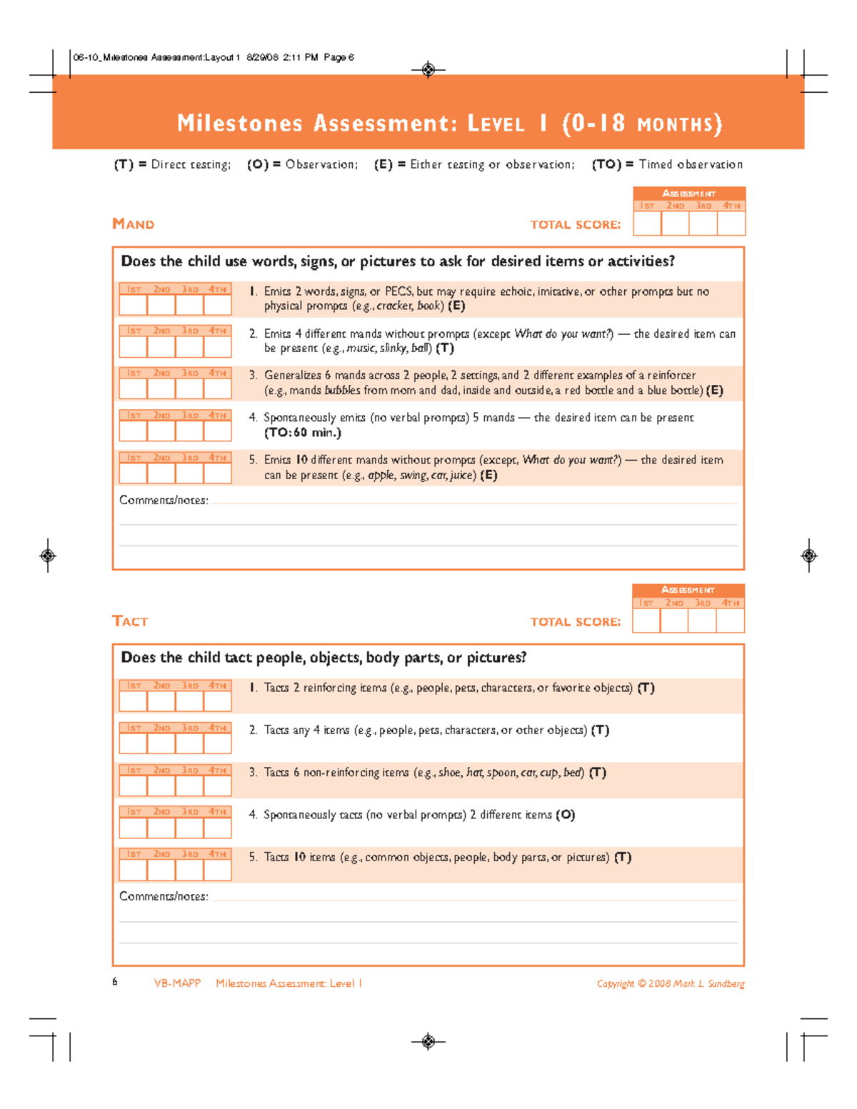 E) VB-Mapp Protocol 6-23 - 6 VB-MAPP Milestones Assessment: Level 1 ...