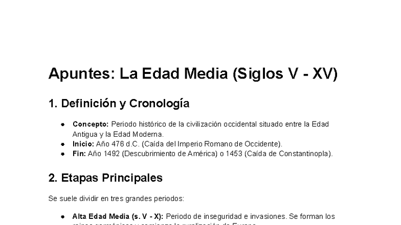 Apuntes: La Edad Media (Siglos V-XV) - Definición y Etapas - Studocu