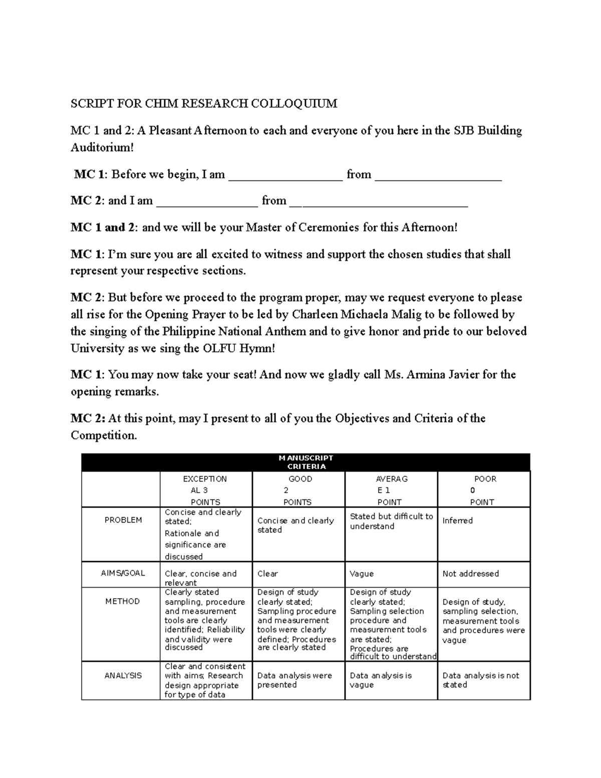 MCs Script FOR CHIM Research Colloquium - SCRIPT FOR CHIM RESEARCH ...