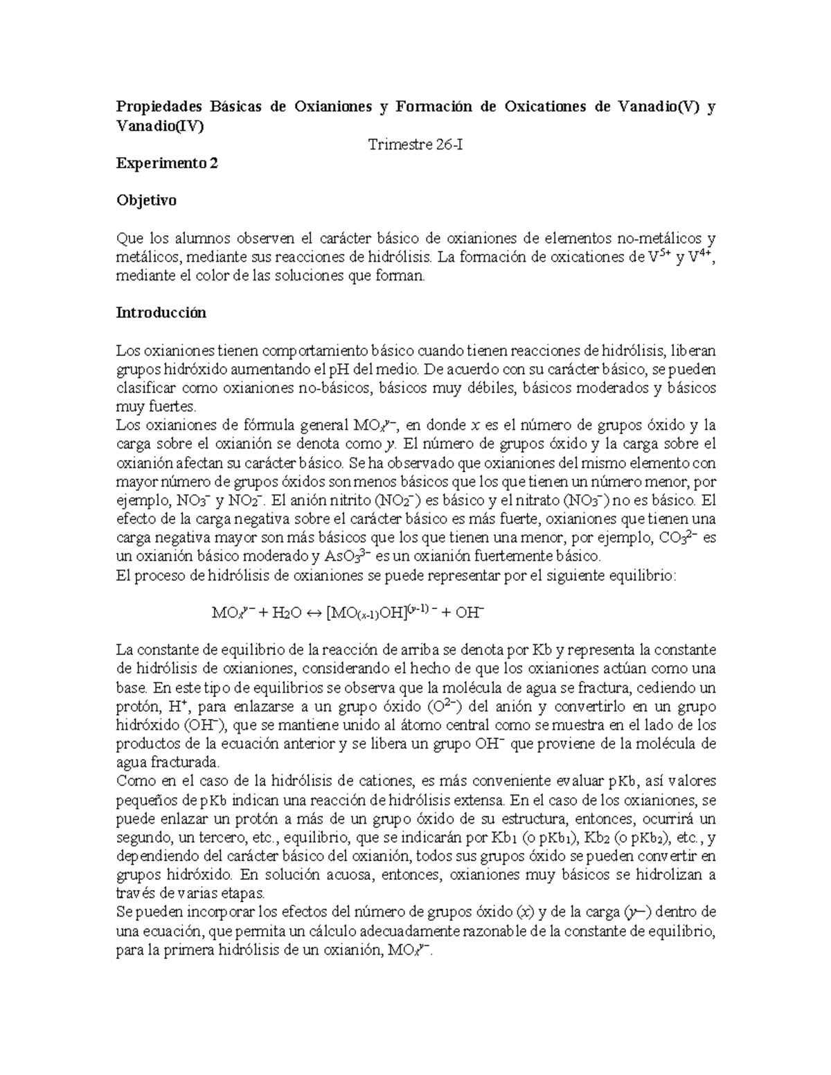 Caracter Básico de Oxianiones y Formación de Oxicationes - LAB Q.I ...