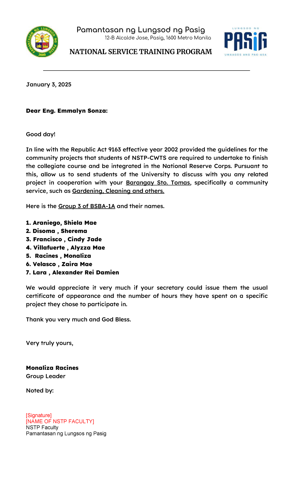 Letter to the Barangay - njhkjg - Pamantasan ng Lungsod ng Pasig 12-B ...