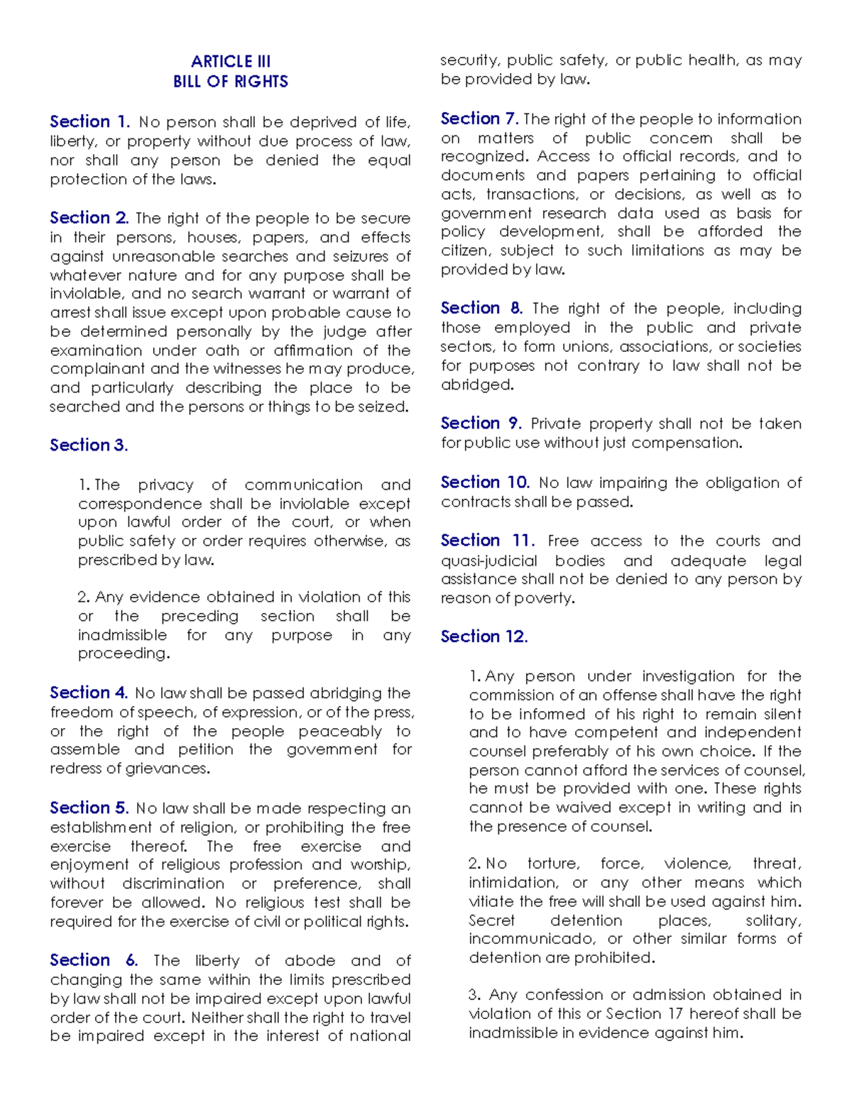 Article III - n/a - ARTICLE III BILL OF RIGHTS Section 1. No person ...