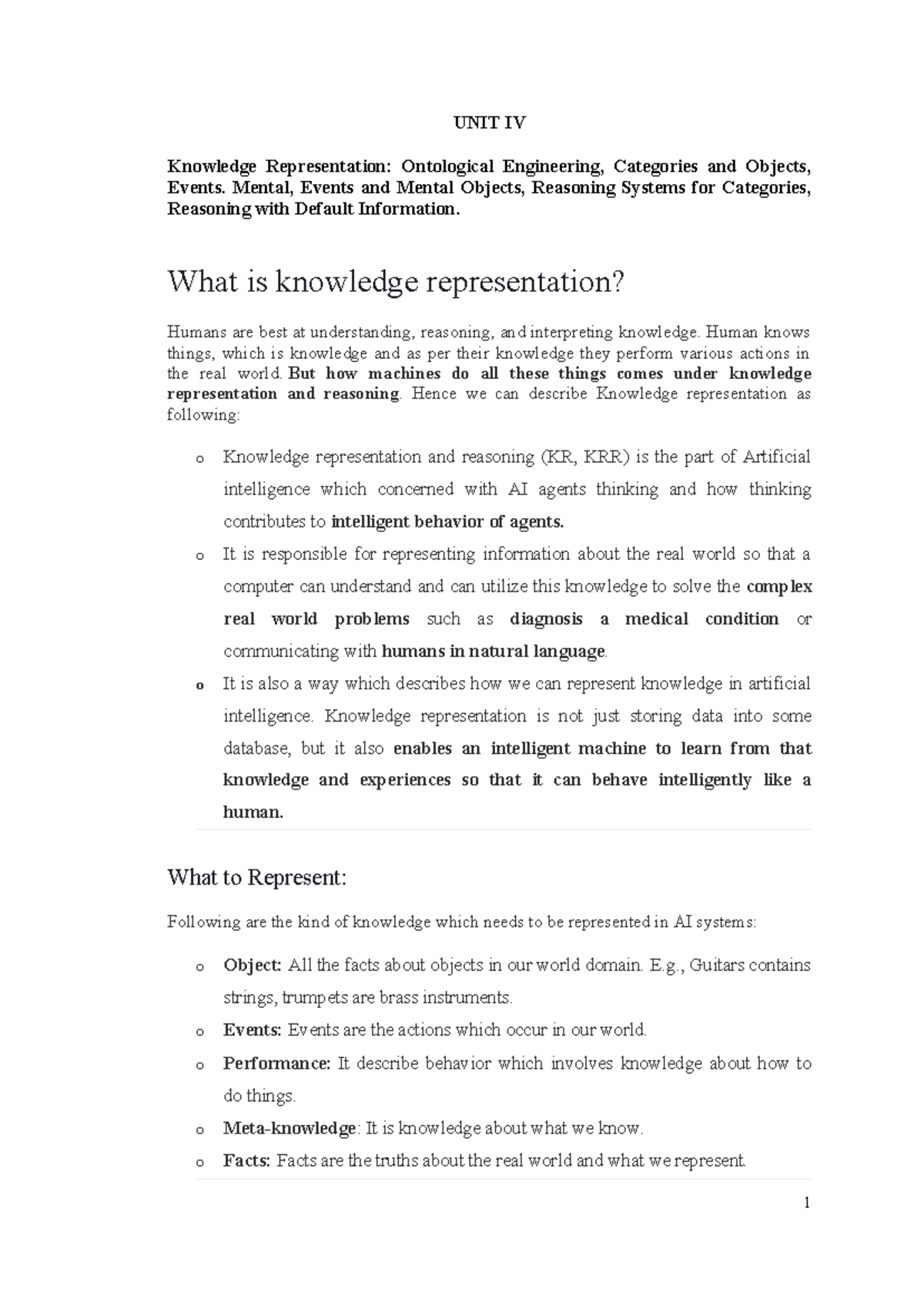 UNIT-4: Knowledge Representation and Reasoning in AI - Studocu