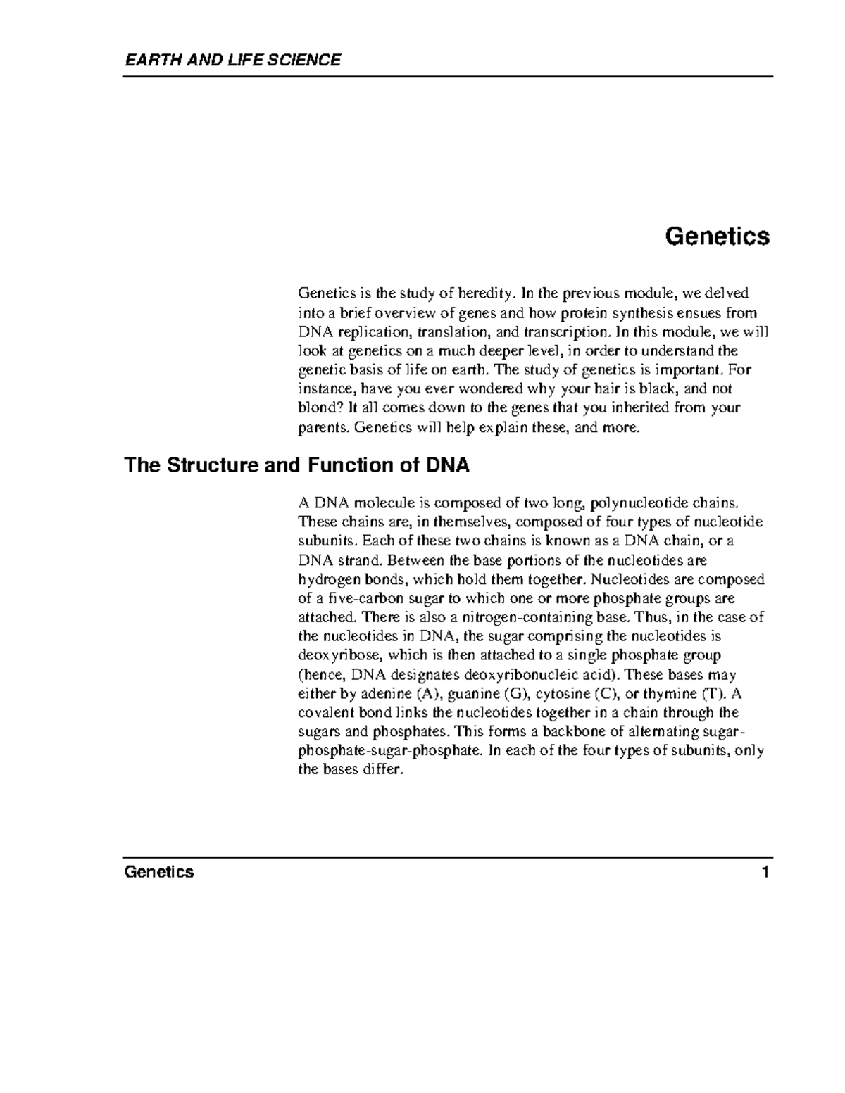 Genetics - Just some PDF - EARTH AND LIFE SCIENCE Genetics 1 Genetics ...