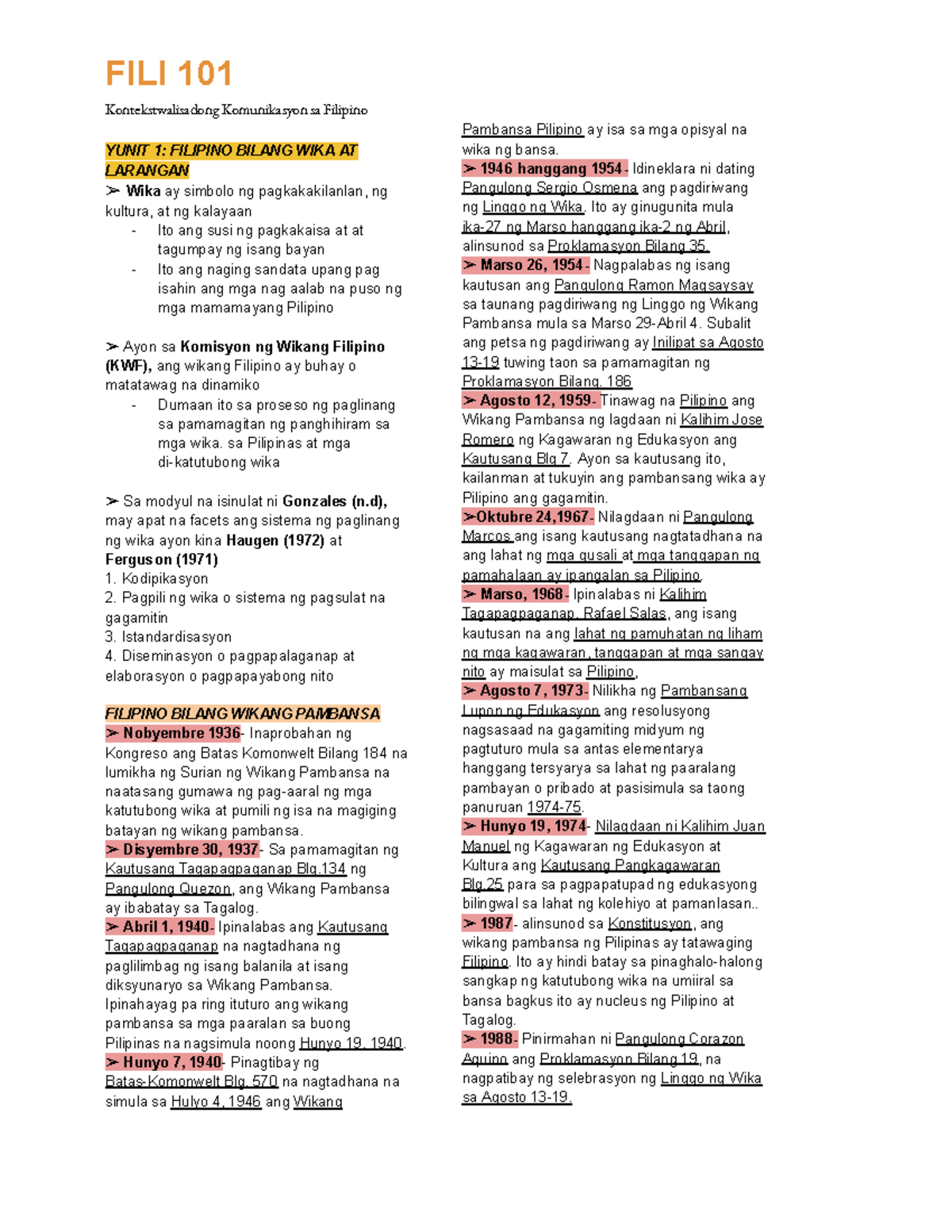 FILI 101 Kontekstwalisadong Komunikasyon: YUNIT 1 Midterm Reviewer - Studocu