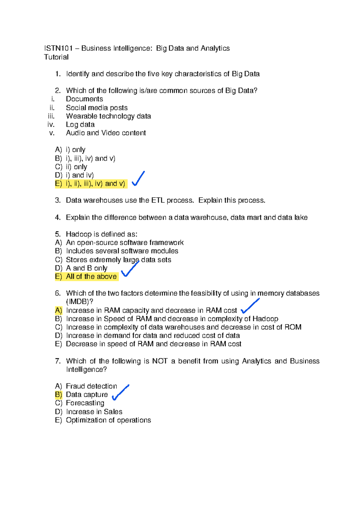 ISTN101 Business Intelligence: Big Data & Analytics Tutorial Questions ...