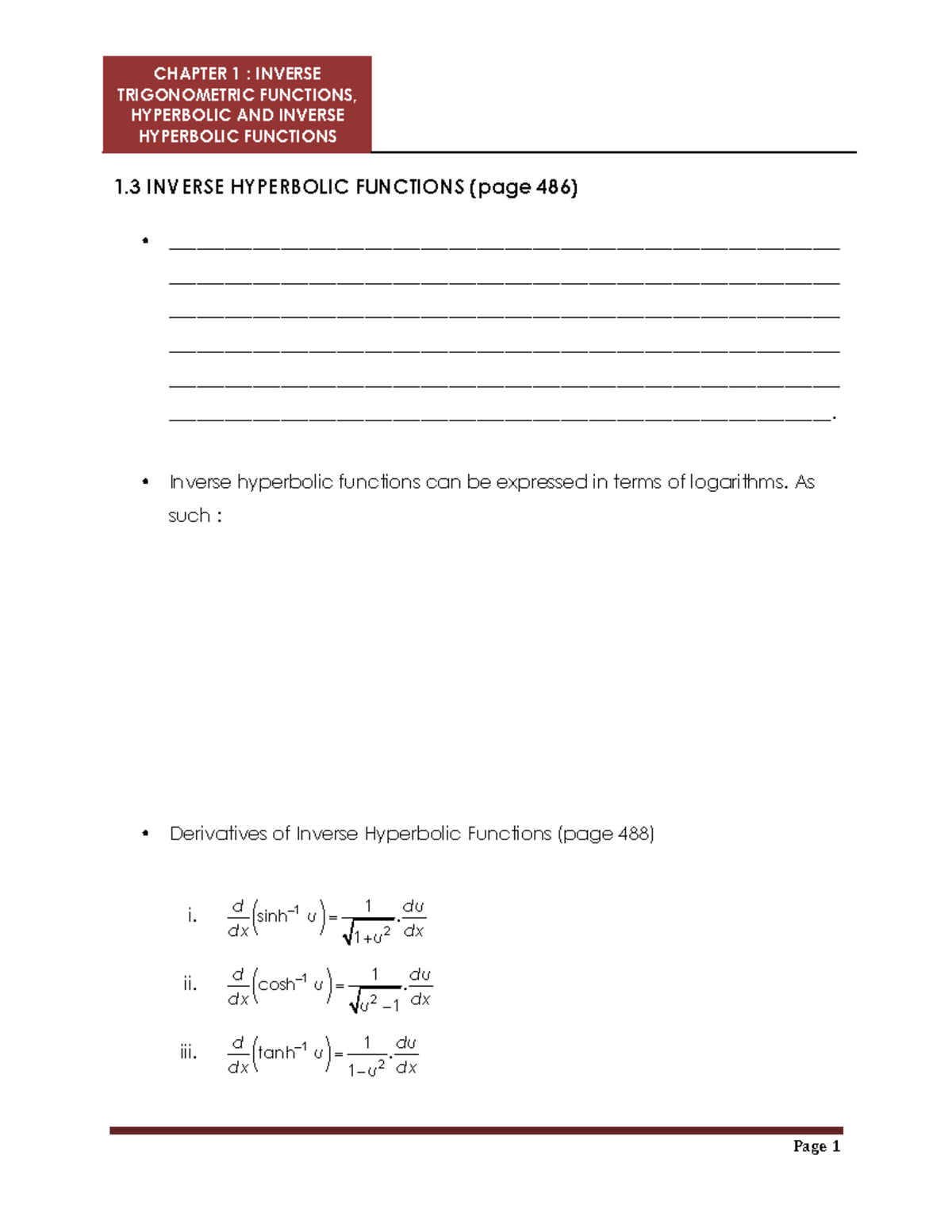 CHAPTER 1.3: INVERSE HYPERBOLIC FUNCTIONS & DERIVATIVES - Studocu