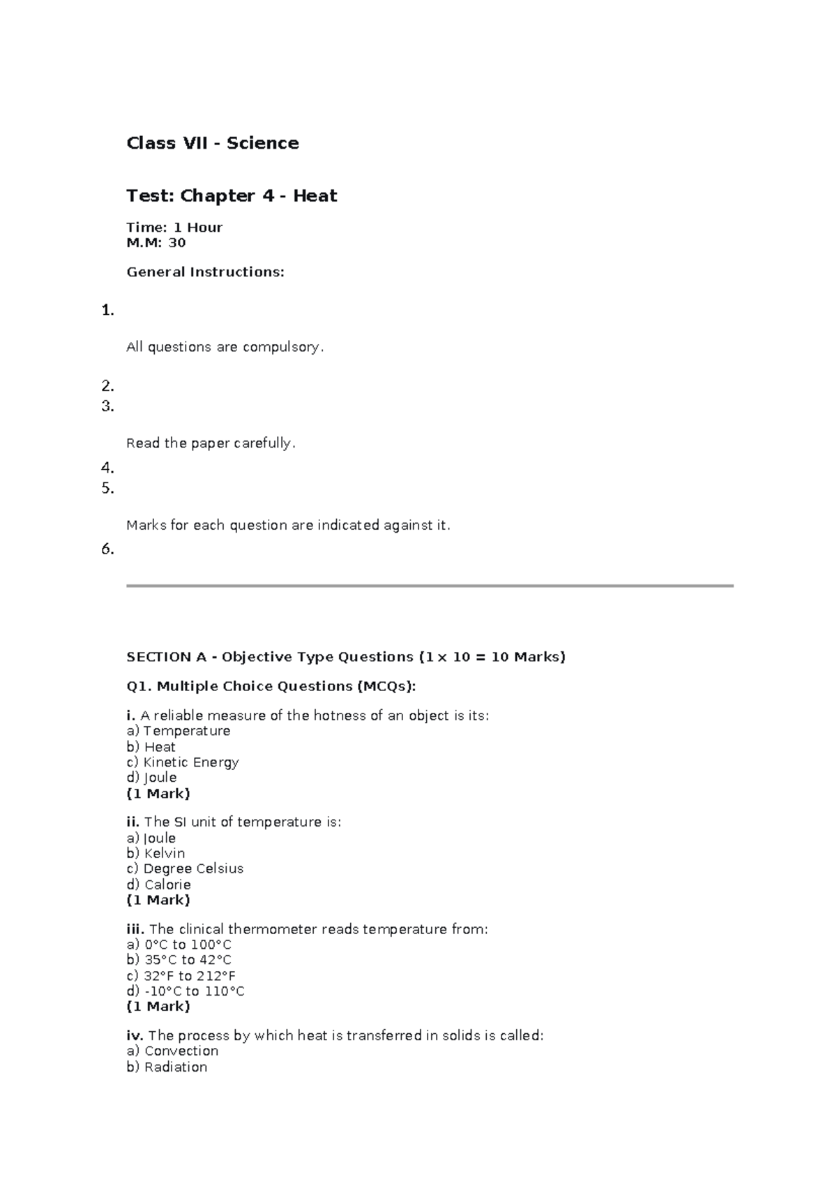 Class VII Science Test: Chapter 4 - Heat (1 Hour, M.M: 30) - Studocu
