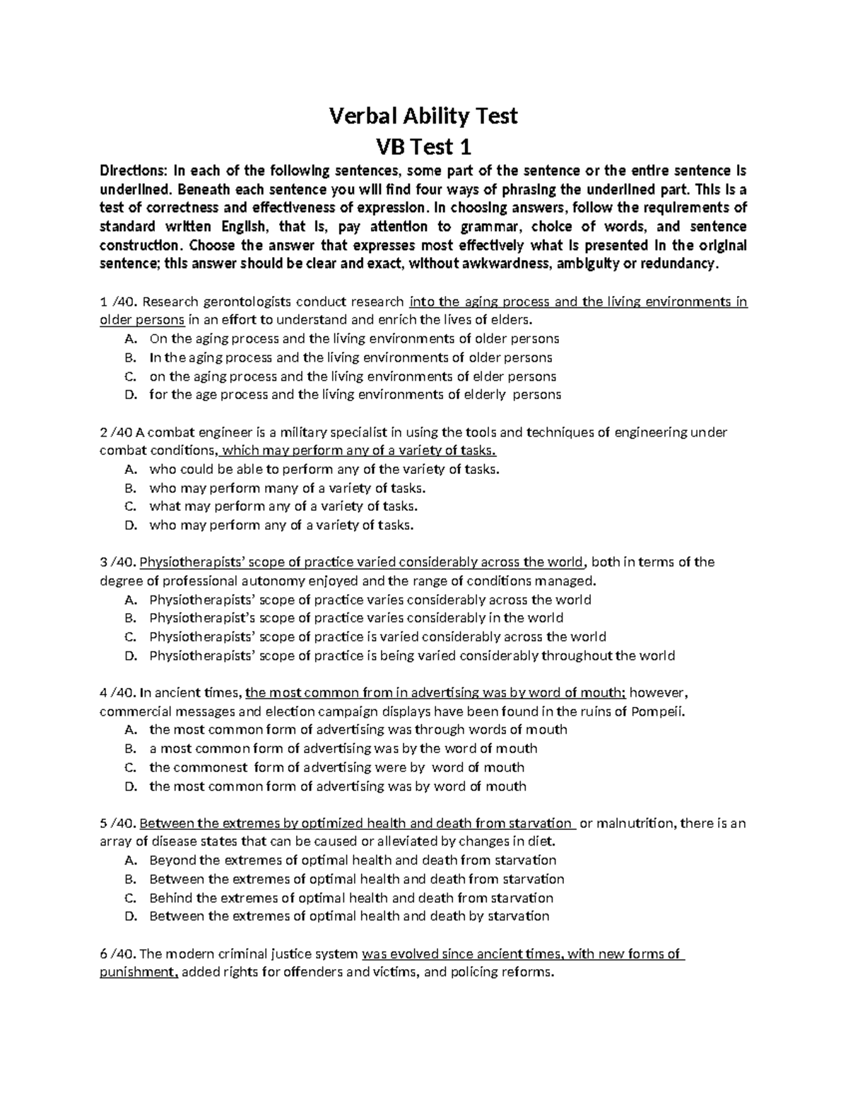 Verbal Ability - notes - Verbal Ability Test VB Test 1 Directions: In ...