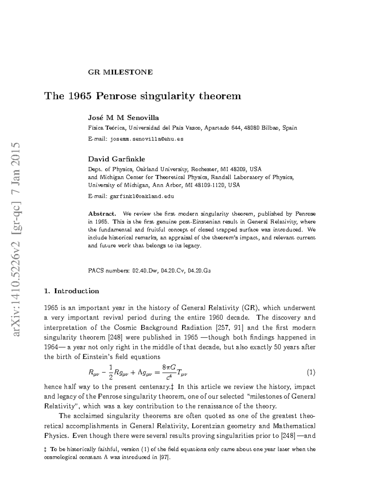 Penrose Singularity Theorem (1965): Notes on General Relativity (GR ...