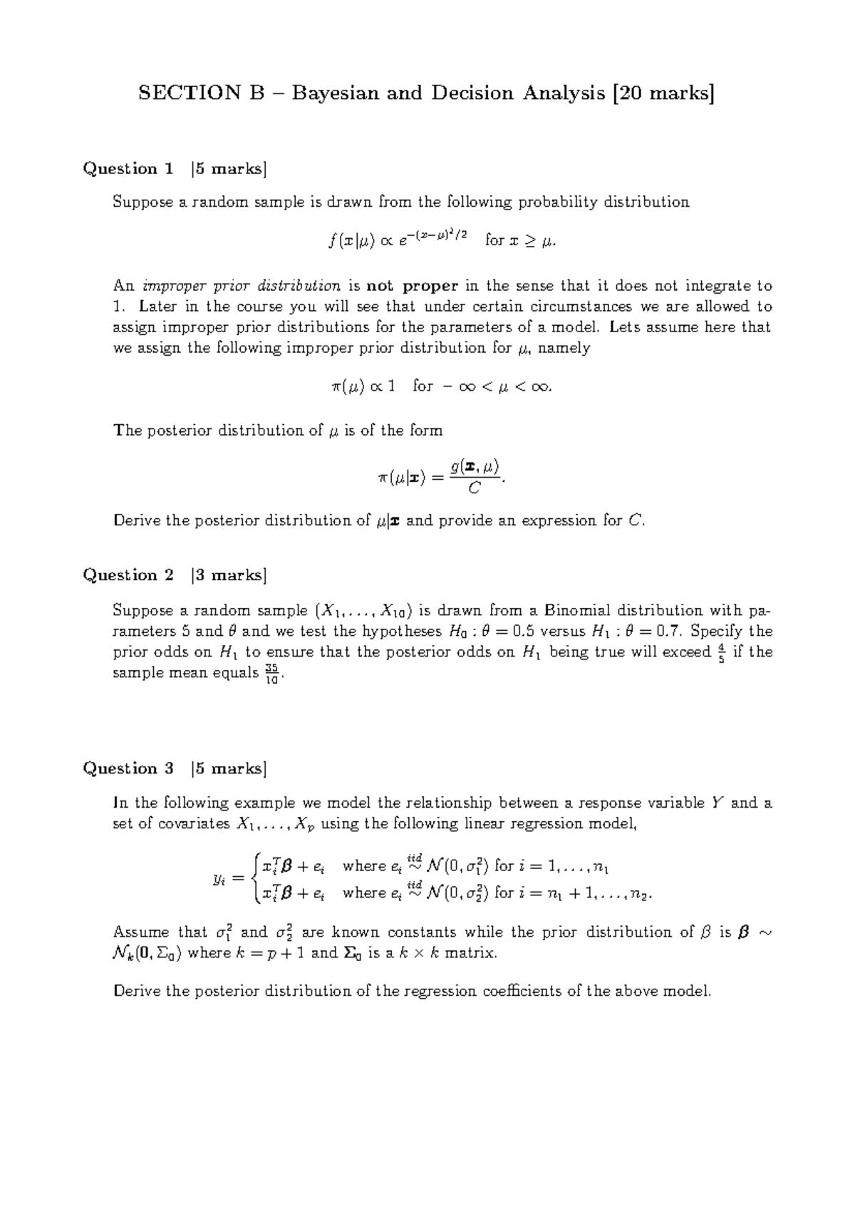 Bayesian & Decision Analysis: STA3043S CA2 Exam Questions - Studocu