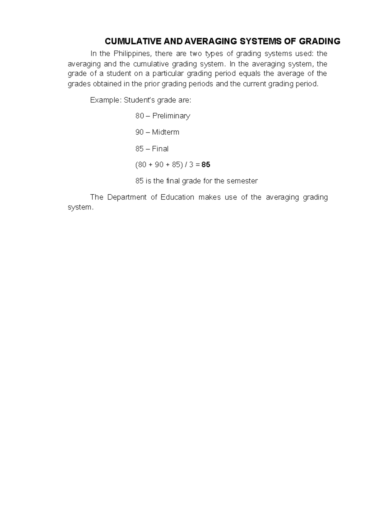 Cumulative And Averaging Systems Of Grading Cumulative And Averaging Systems Of Grading In The