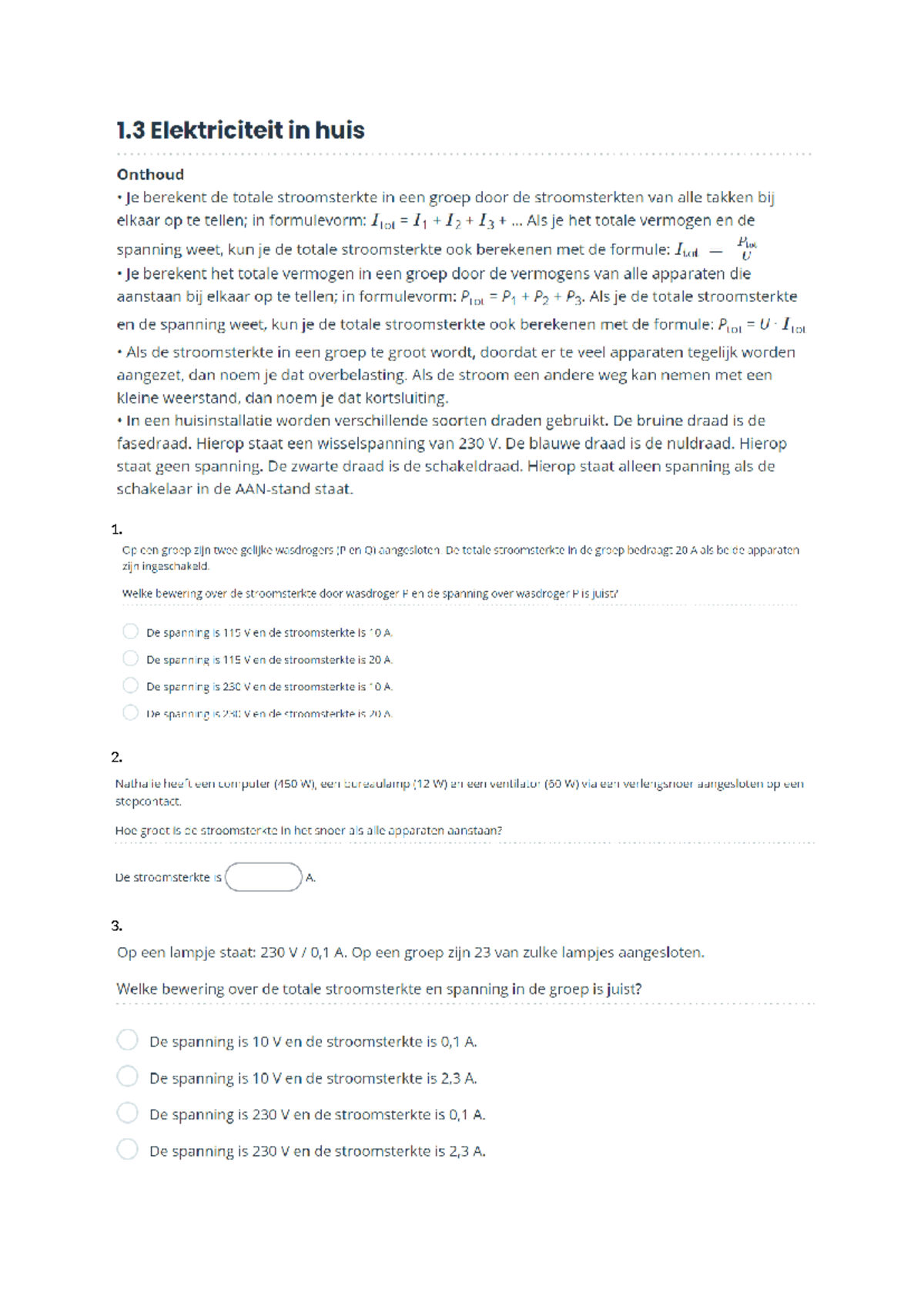 Toetsvoorbereiding Havo 3: H1 Stroom en Vermogen Berekeningen - Studeersnel