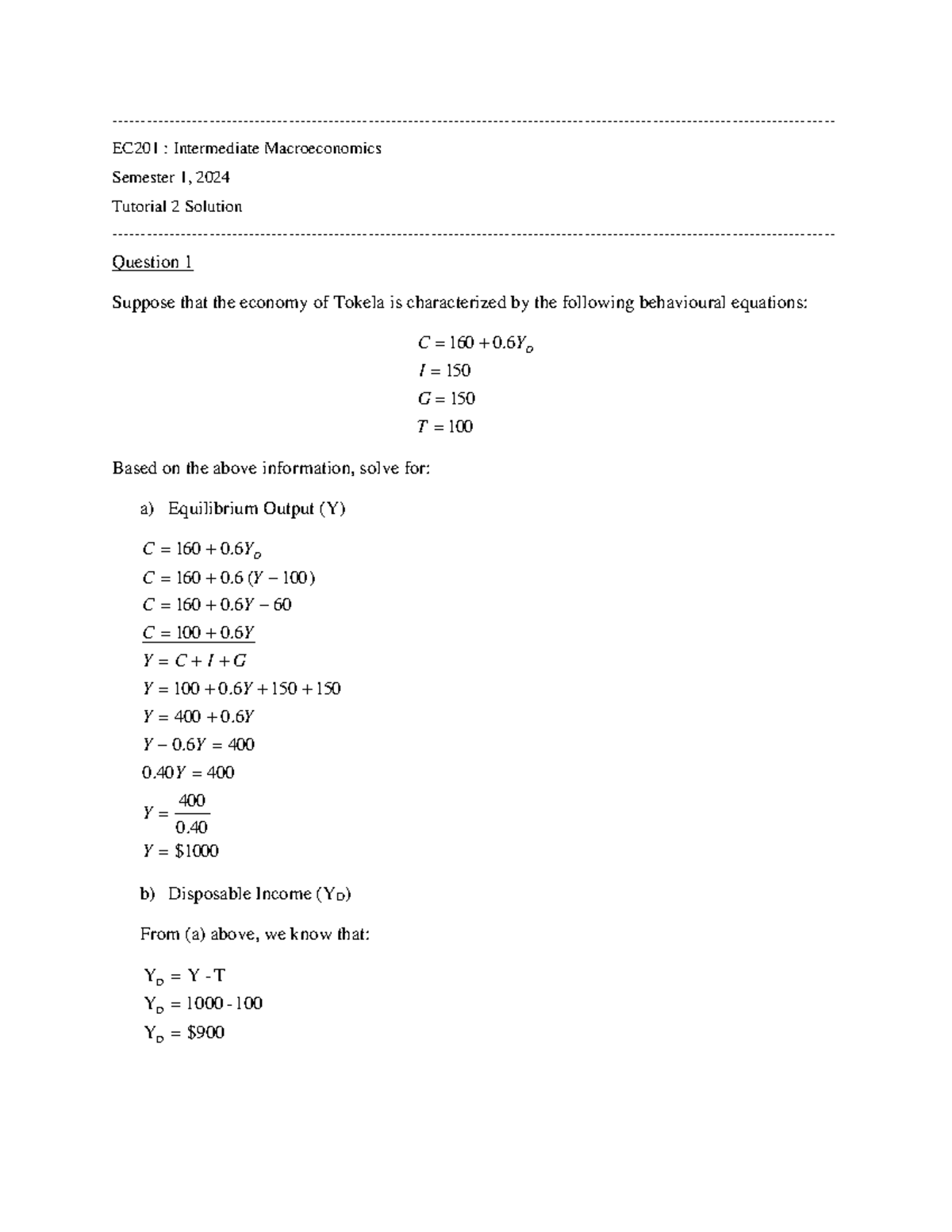 EC 201: Tutorial 2 Solutions for Intermediate Macroeconomics - Studocu
