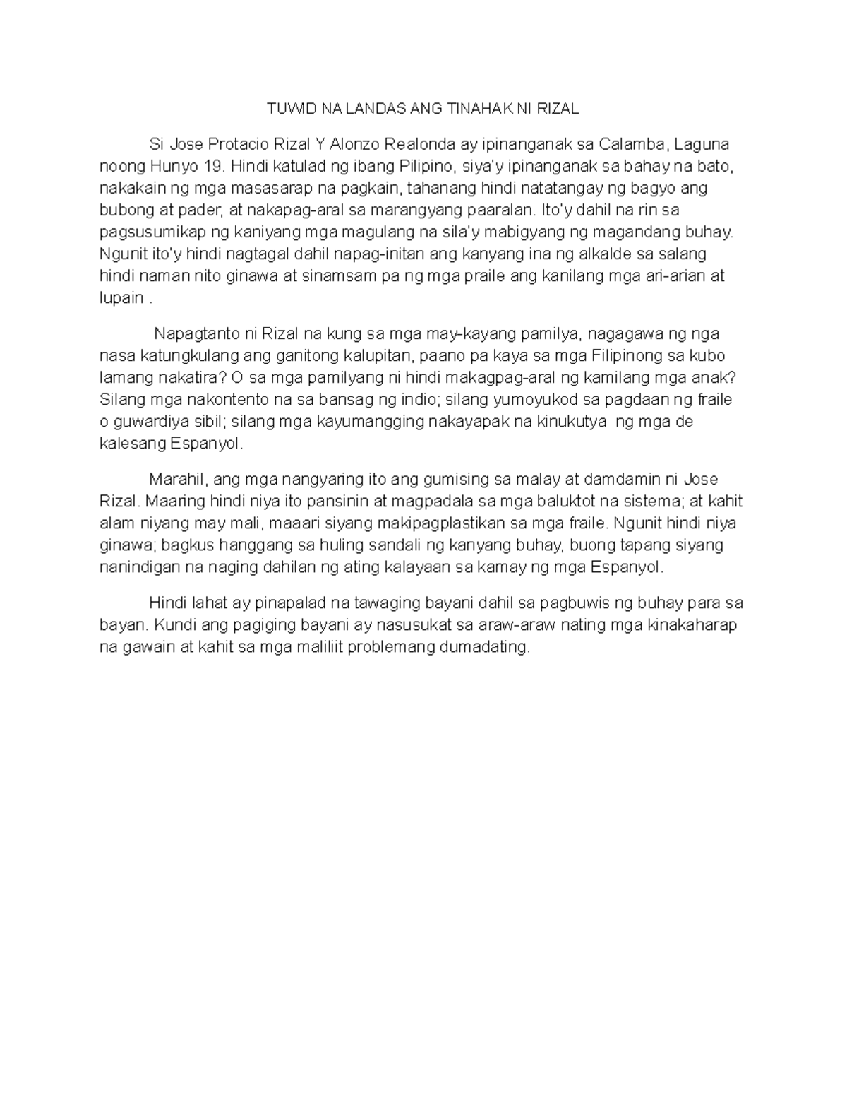 BUOD: Ang Tuwid na Landas ni Jose Rizal - Isang Buod - Studocu