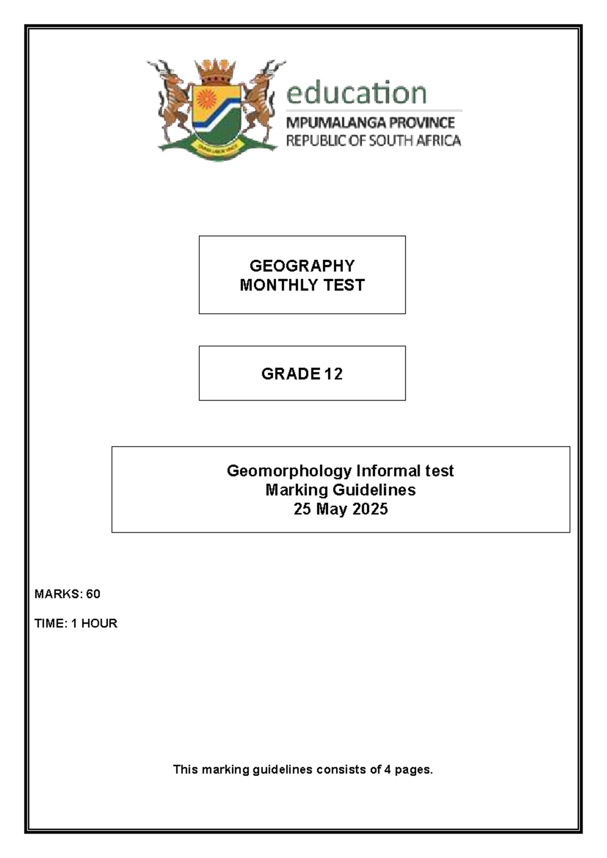 GEOGRAPHY GRADE 12 GEOMORPHOLOGY MONTHLY TEST MARKING GUIDELINES - Studocu
