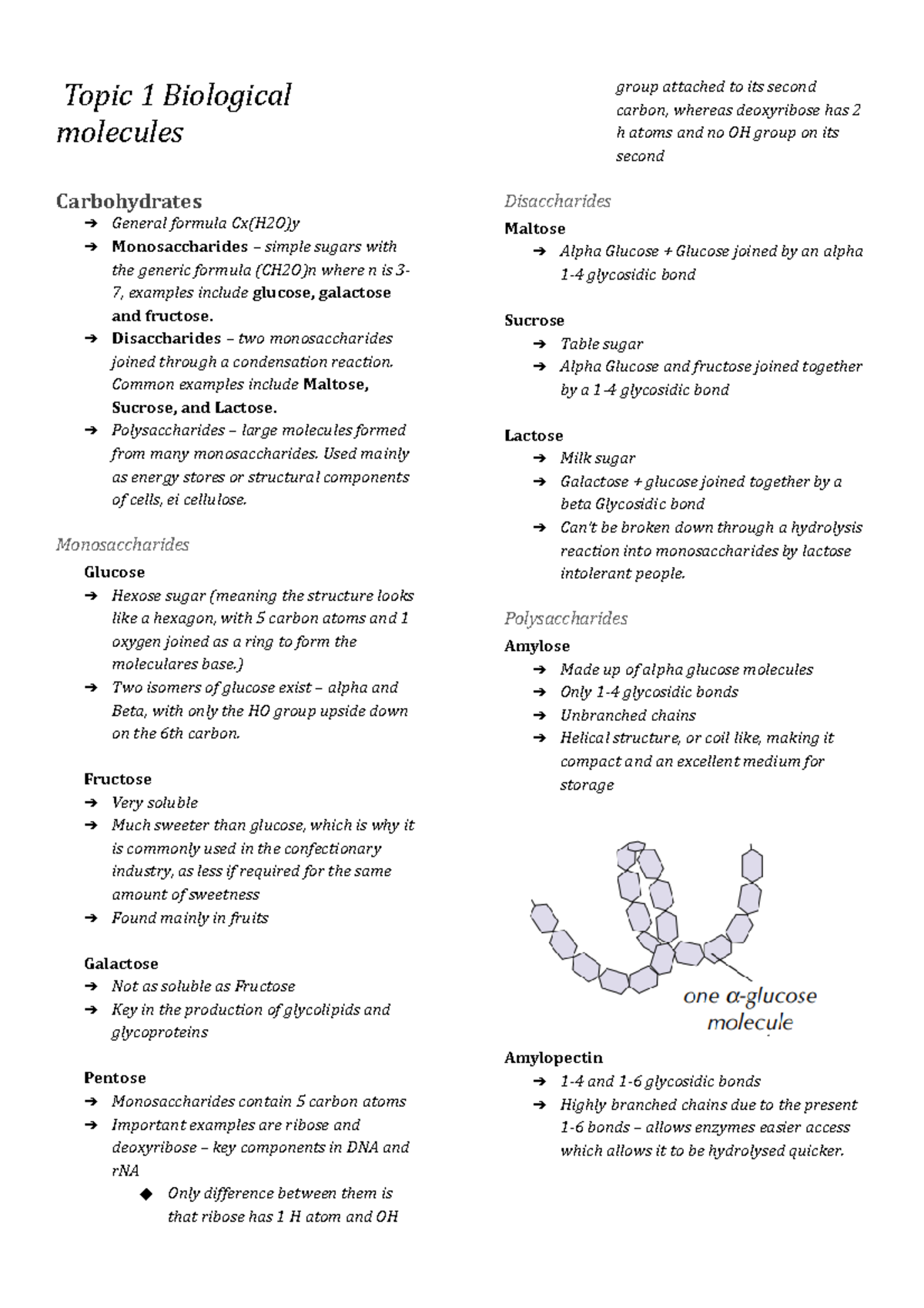 Biology Revision Notes: Biological Molecules and Structures - Studocu