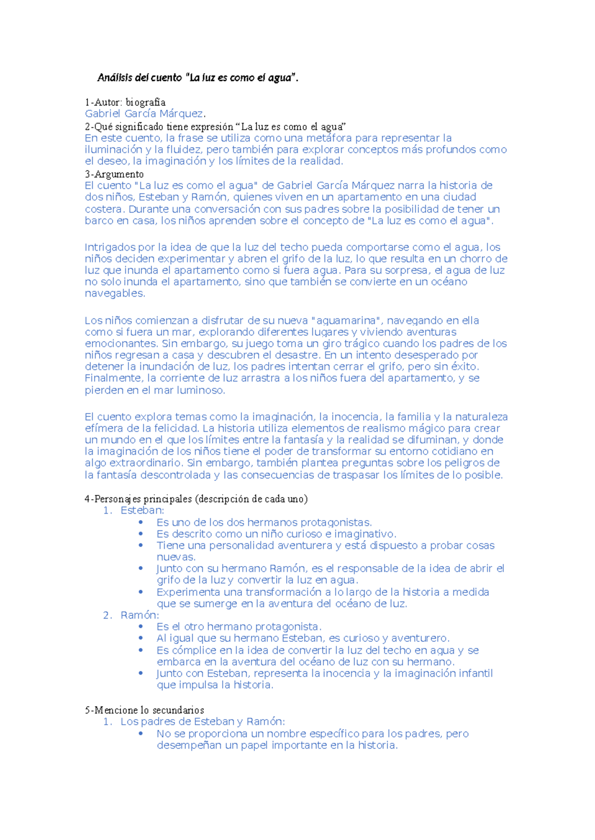 Análisis del cuento "La luz es como el agua" de G. García Márquez - Studocu