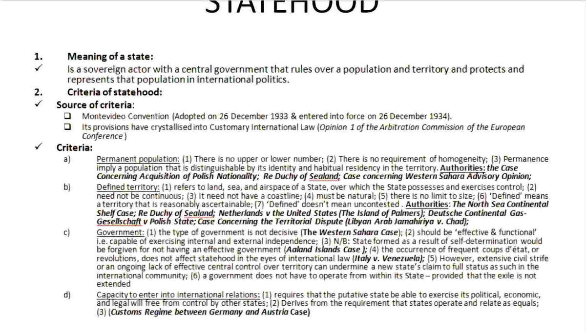 PIL - Statehood: Key Concepts and Criteria for Recognition - Studocu