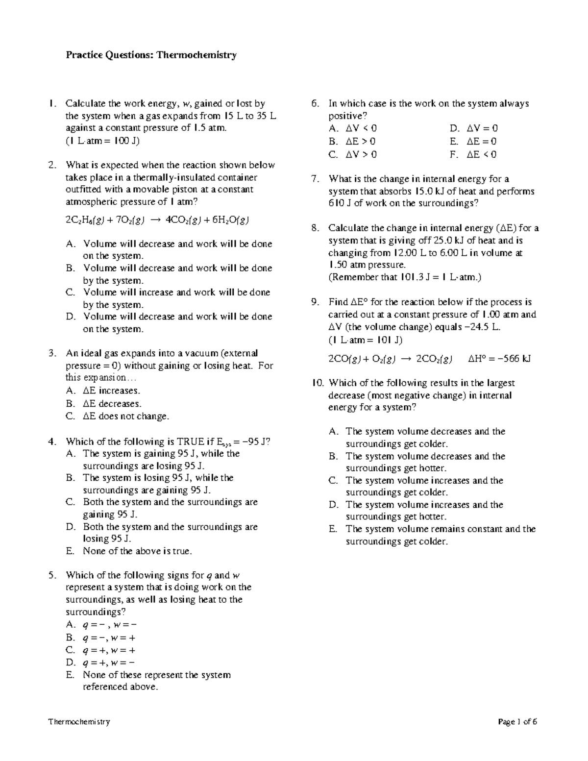 Practice Problems Thermochemistry - Practice Questions: Thermochemistry ...