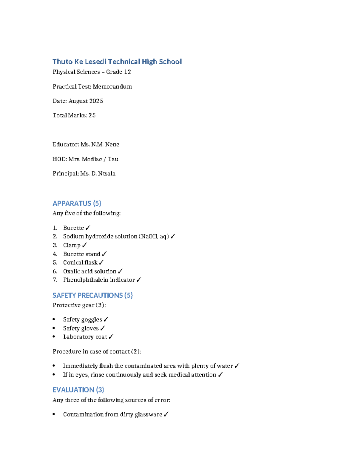 Grade 12 Physical Sciences Practical Test Memo: August 2025 - Studocu