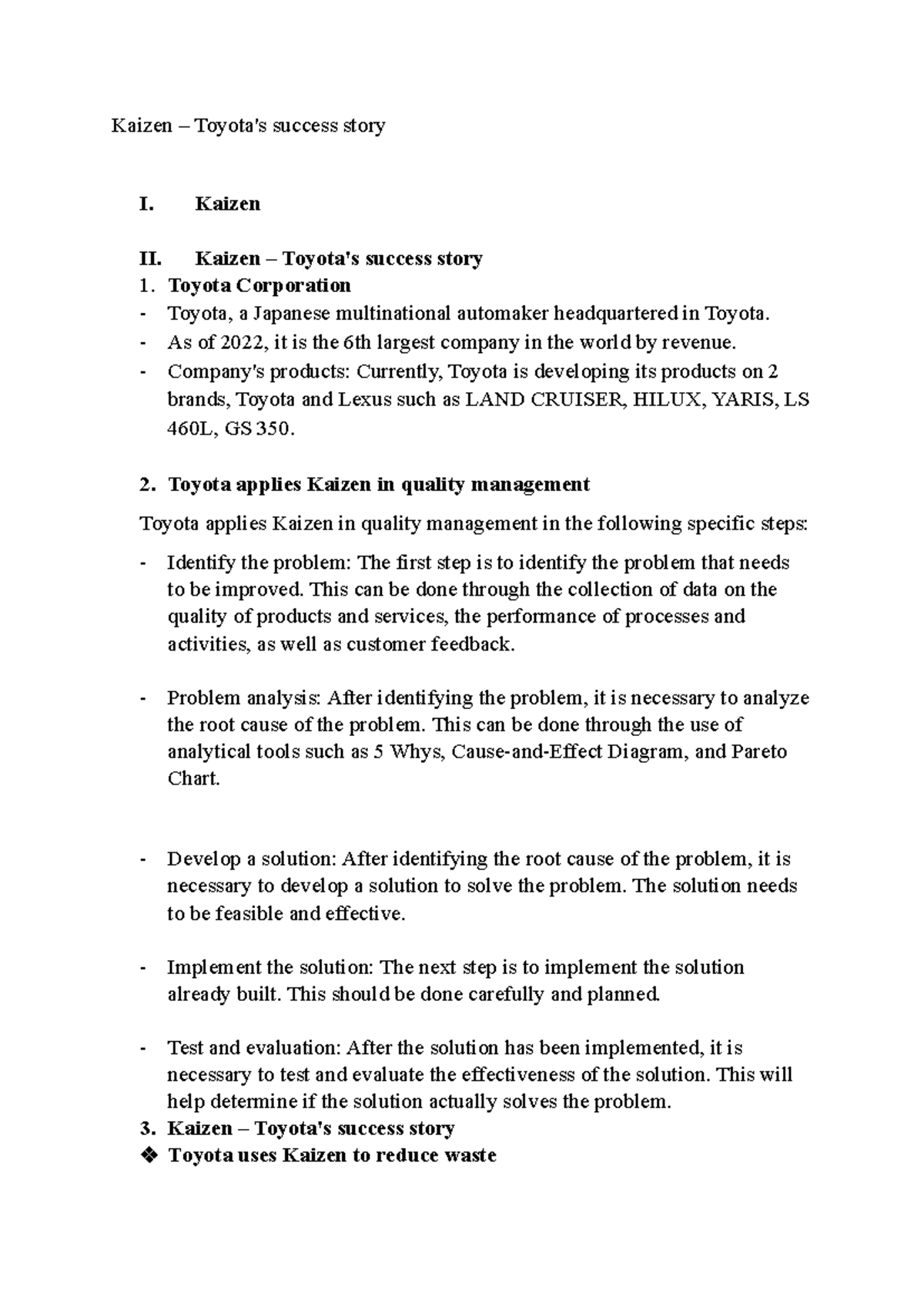 Học thuyết Kaizen - Kaizen – Toyota's success story I. Kaizen II. Kaizen – Toyota's success ...