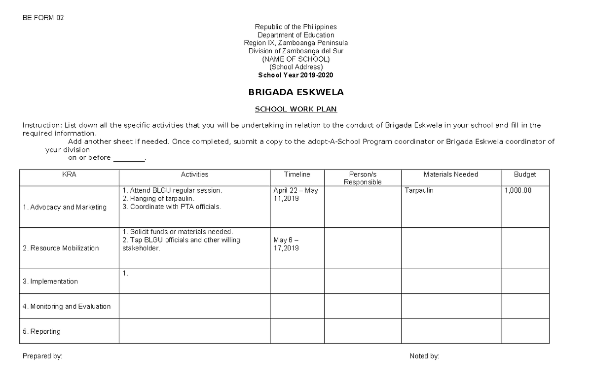 Brigada Eskwela Form 2 Work Plan for Academic Year 2019-2020 - Studocu
