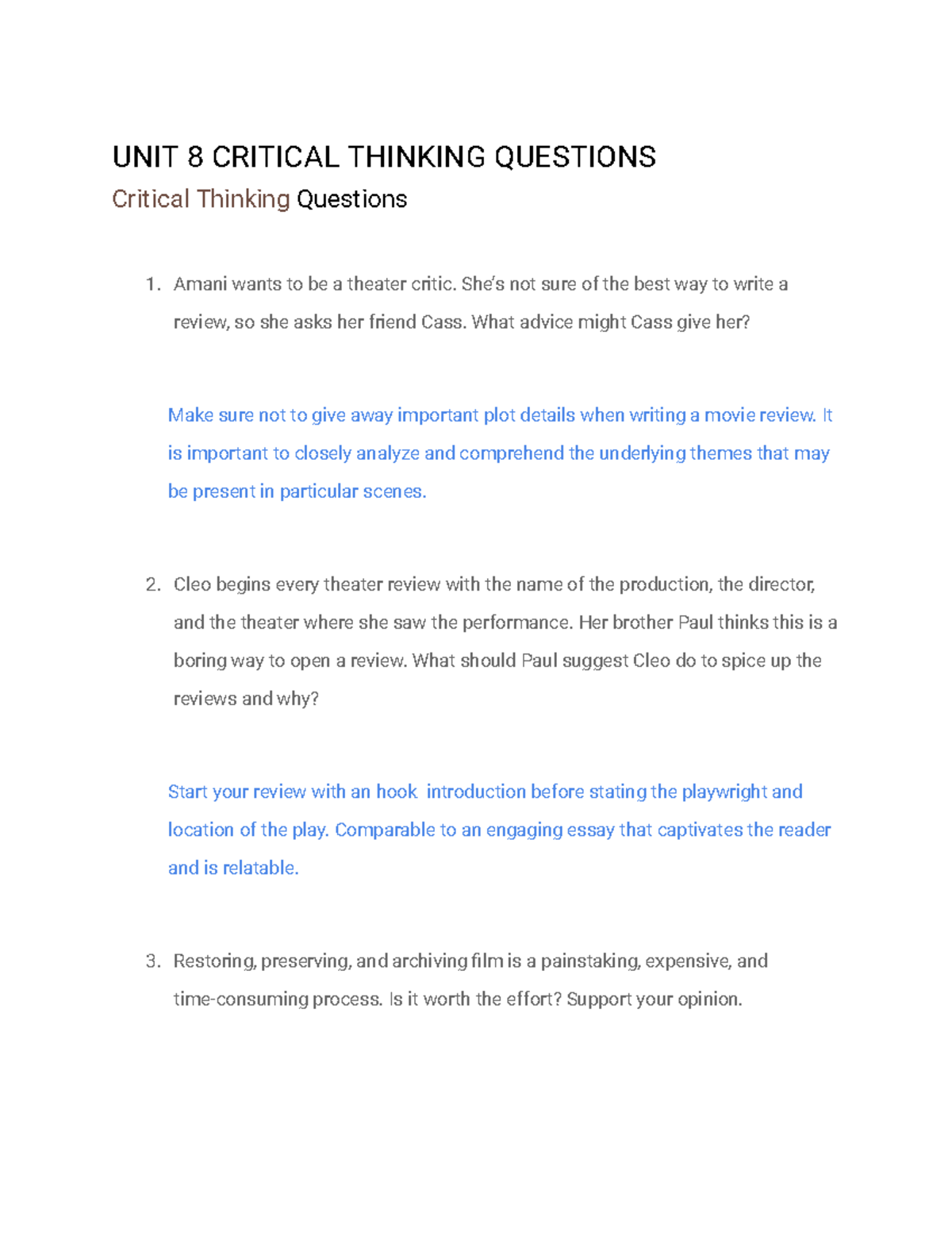 UNIT 8 Critical Thinking Questions - UNIT 8 CRITICAL THINKING QUESTIONS Critical Thinking ...