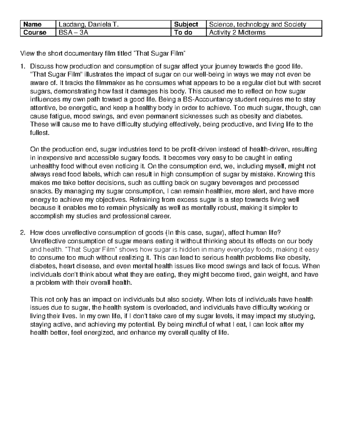 BSA-3A Midterm Activity 2: Impact of Sugar on Well-being - Studocu