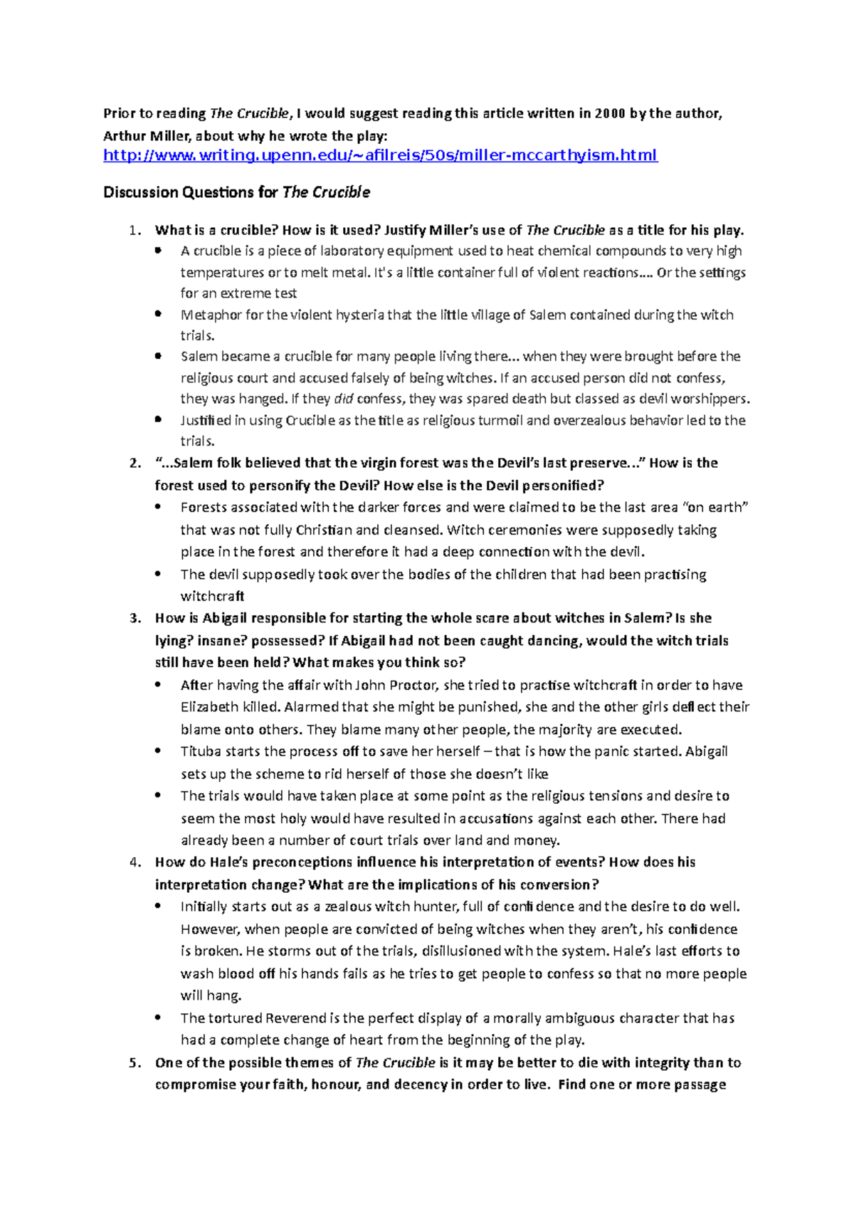 Discussion Questions for The Crucible (ENG 101) - Studocu