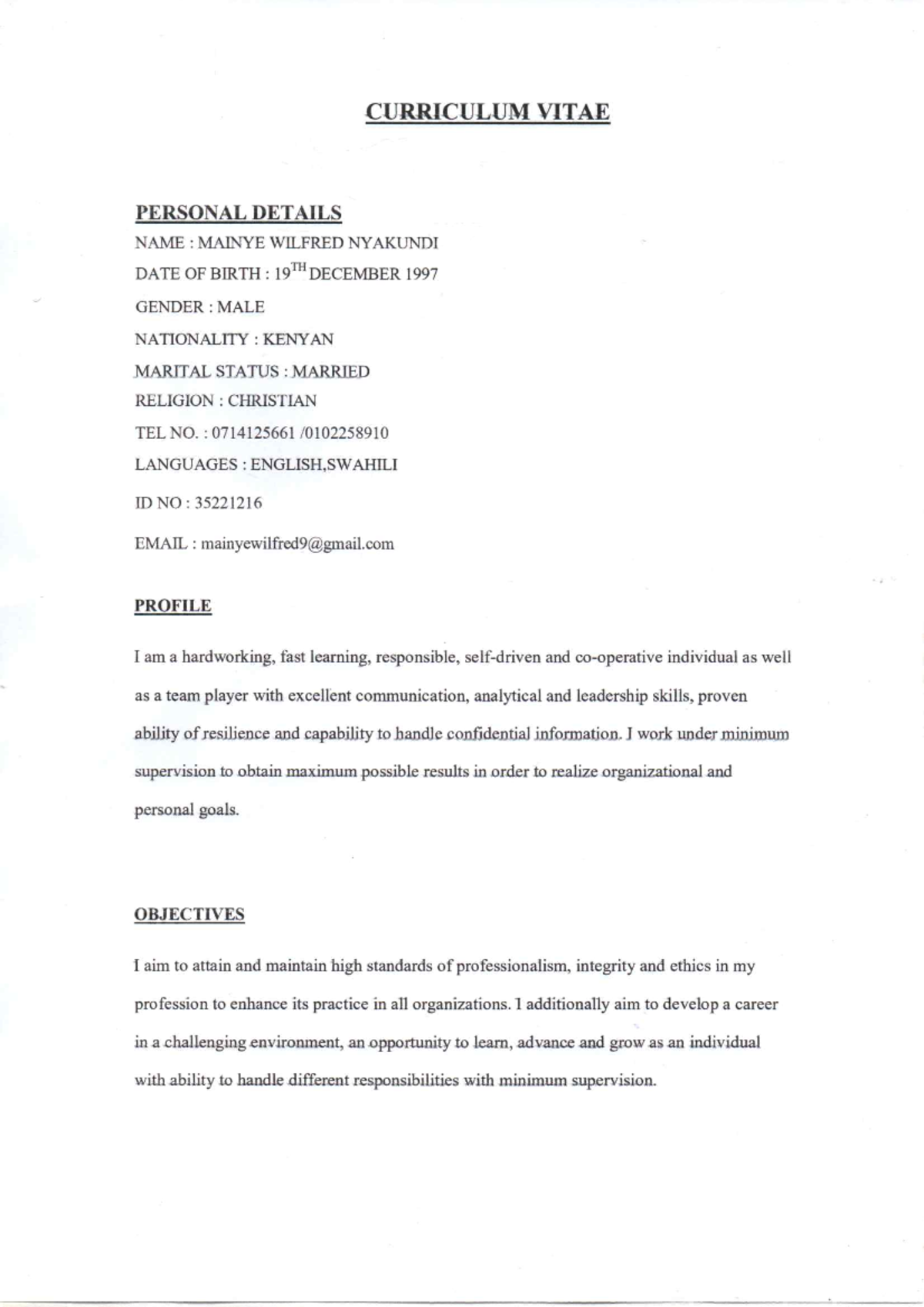 Curriculum Vitae of Mainye Wilfred Nyakundi - Education & Experience ...