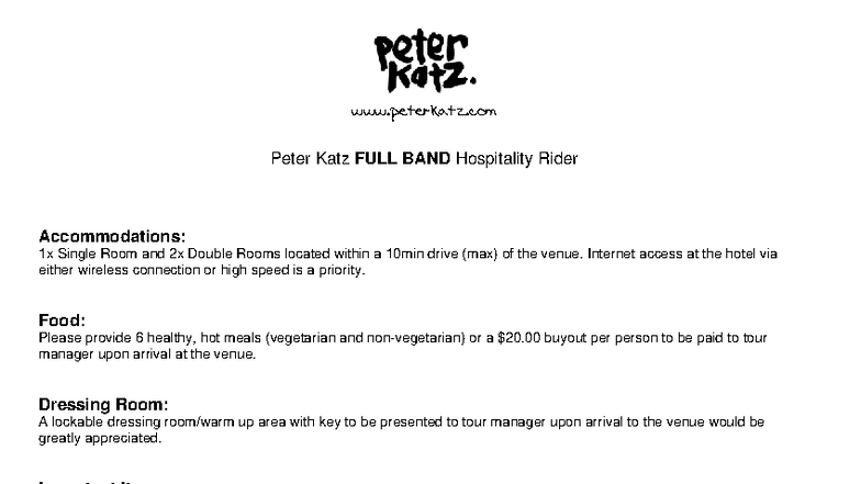 Peter Katz FULL BAND Hospitality & Technical Rider - Studocu