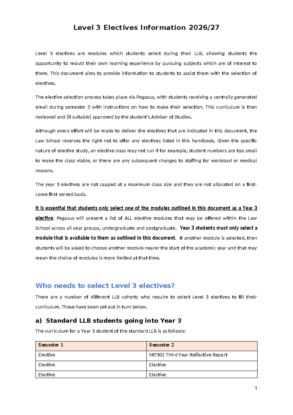 Level 3 Electives Information for LLB Students - 2026 Guide - Studocu