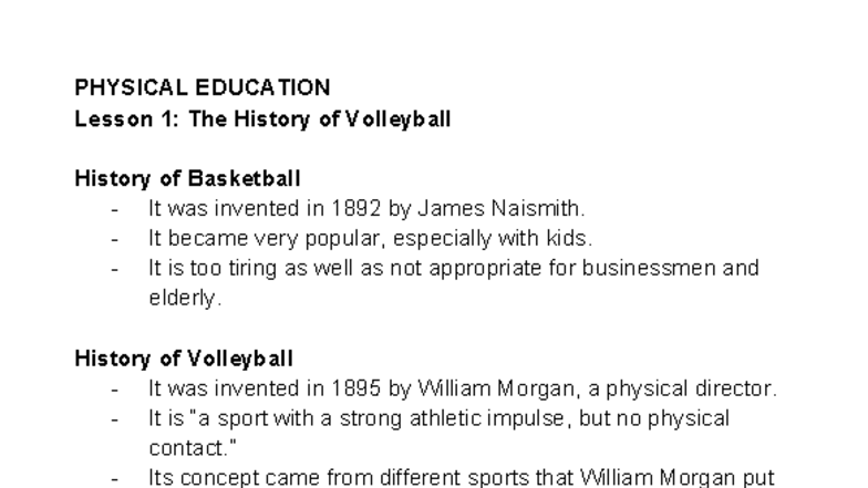 PE - Sem 1: History and Rules of Volleyball & Basketball Lessons - Studocu