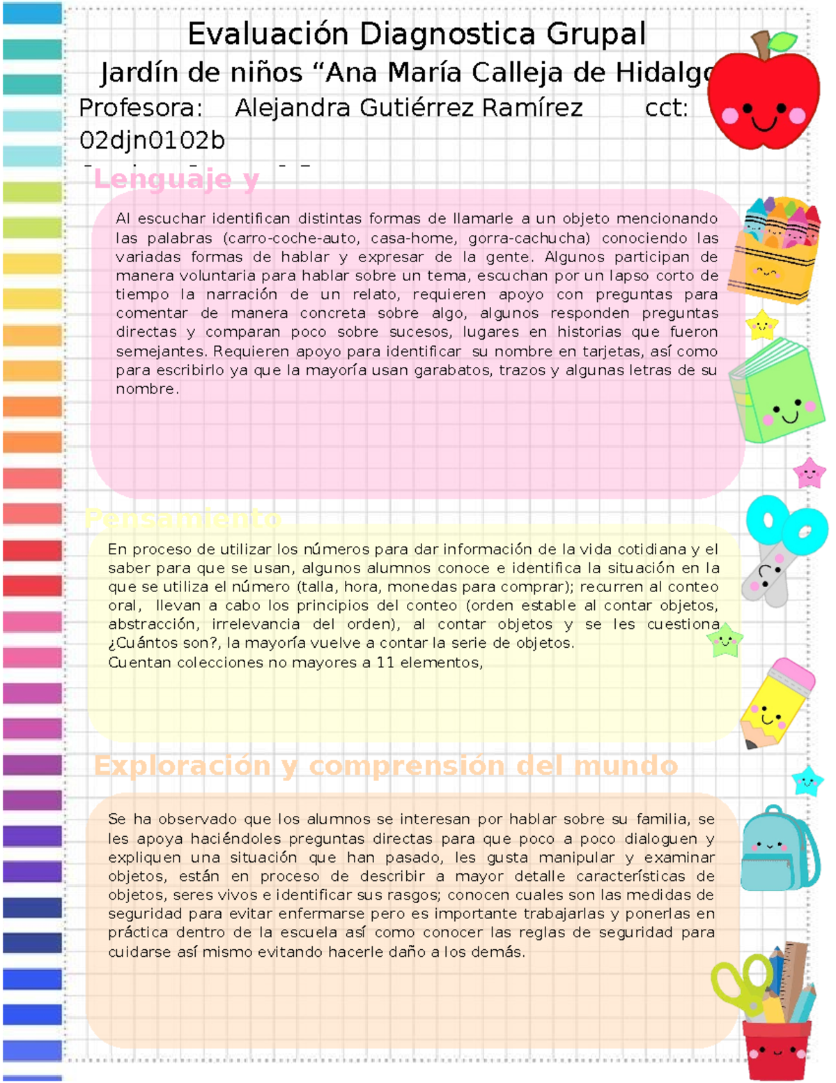 Evaluación Diagnóstica Grupal - Jardín de Niños 3Lenguaje °D - Studocu