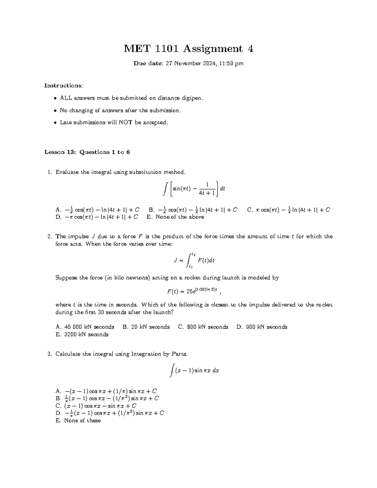 MET 1101 Assignment 4: Integral Calculations and Differential Equations ...