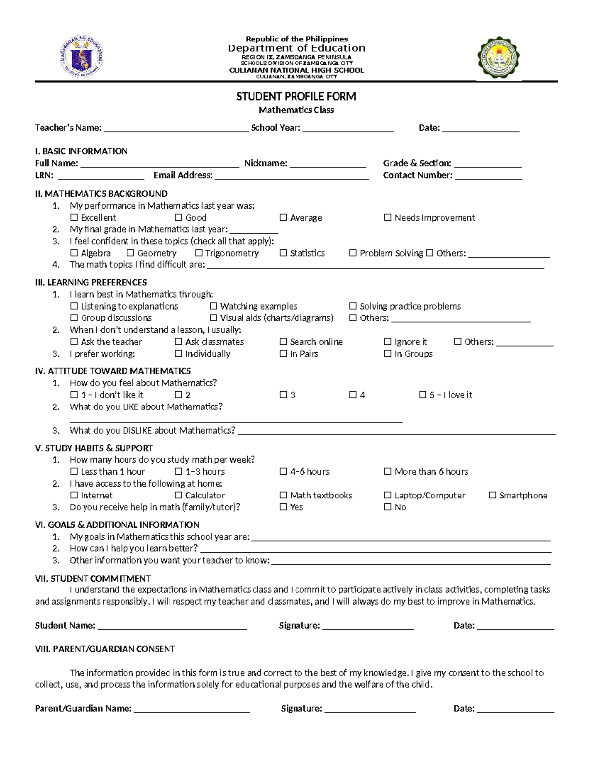 DAY 1 - Student Profile & Commitment Form for Math Class - Studocu