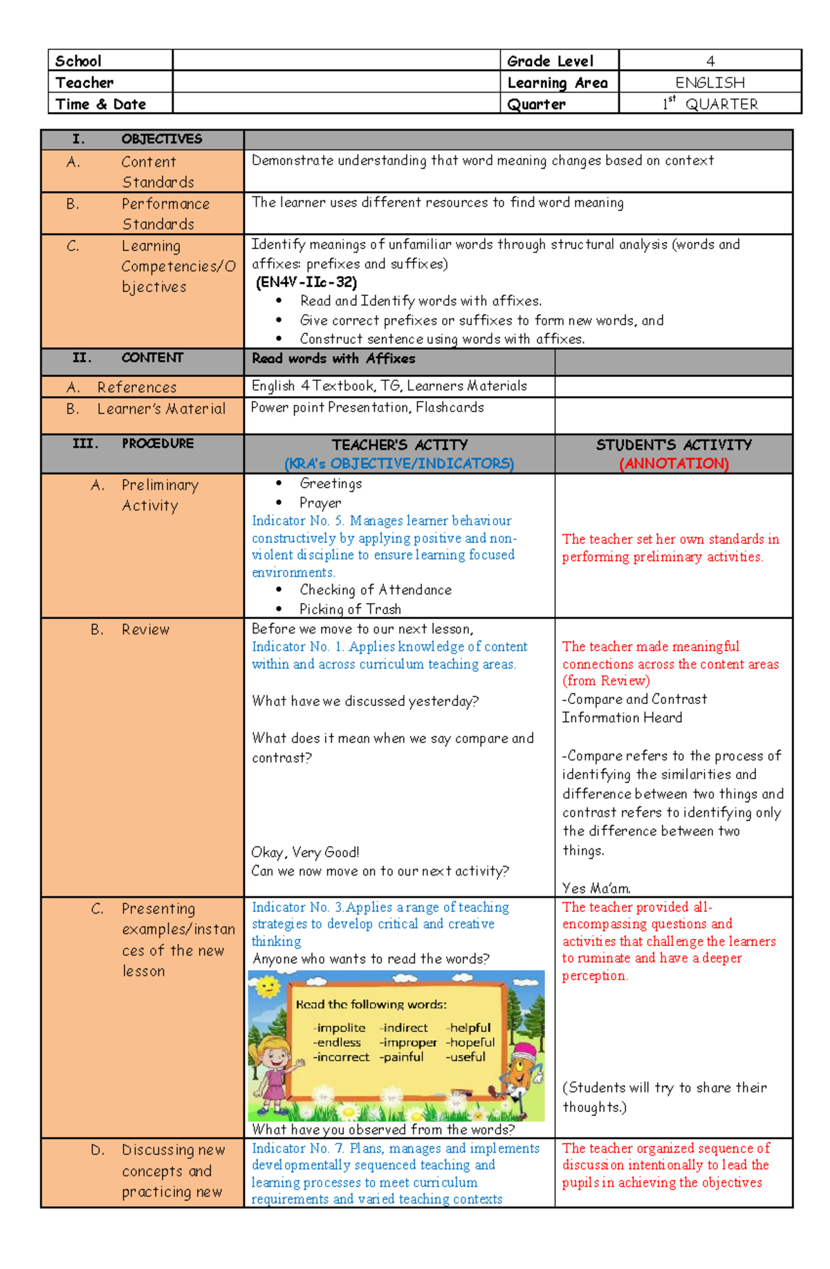 ENG 4 Q1 Afixes DLP - Detailed Lesson Plan on Affixes - Studocu