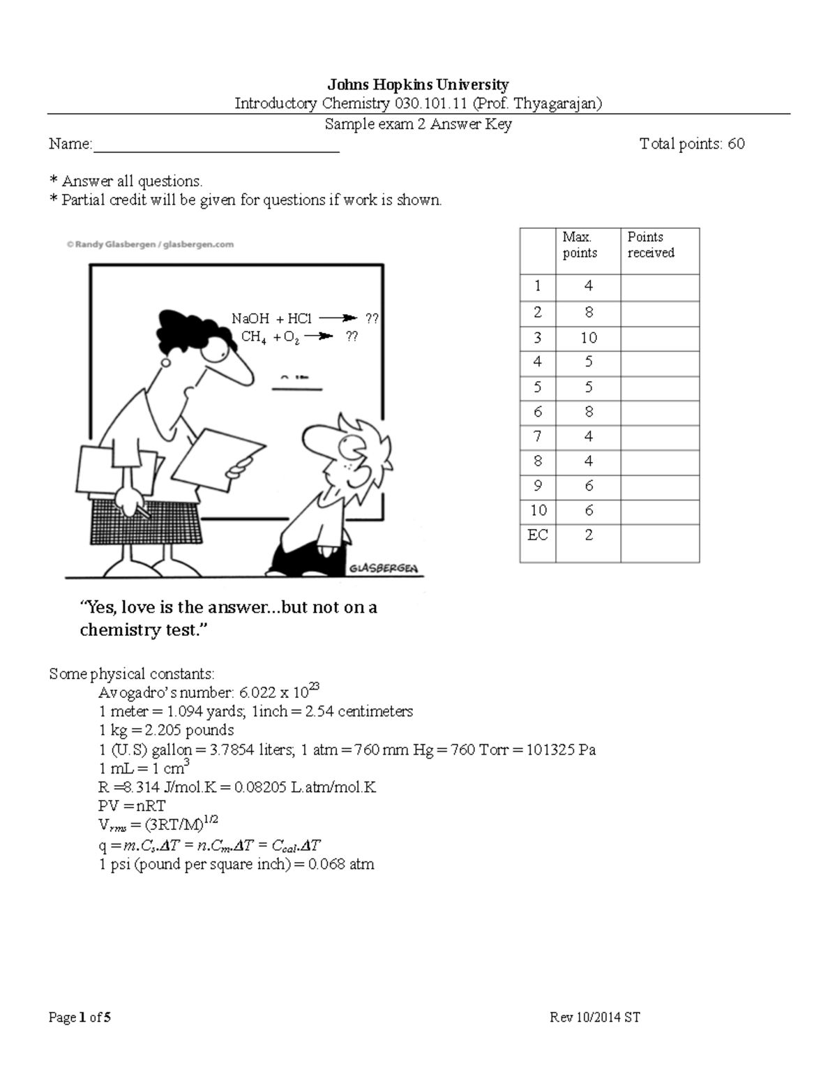 Sample Exam 2 Answer Key for Introductory Chemistry 030.101 - Studocu