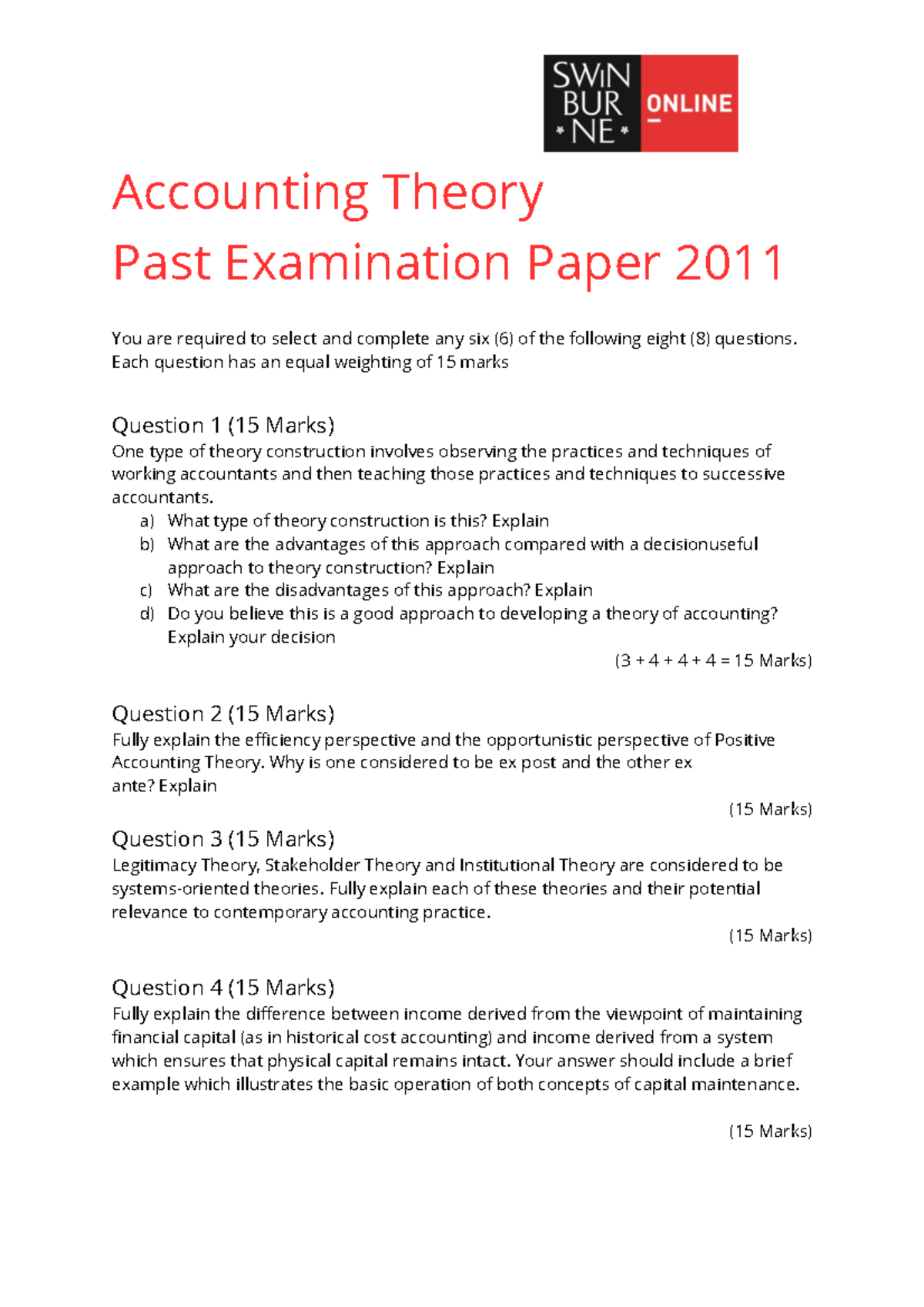 ACC30008 Past Exam Paper: Accounting Theory 2011 Revision - Studocu
