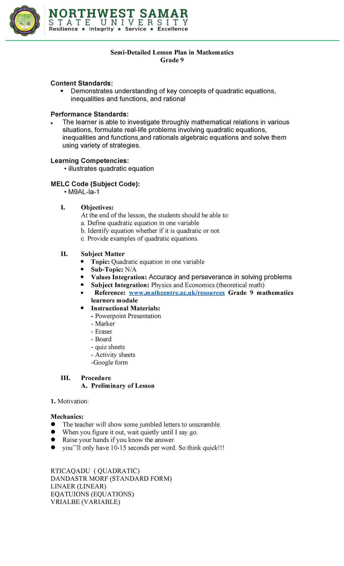 Mathematics Grade 9 Lesson Plan: Understanding Quadratic Equations ...