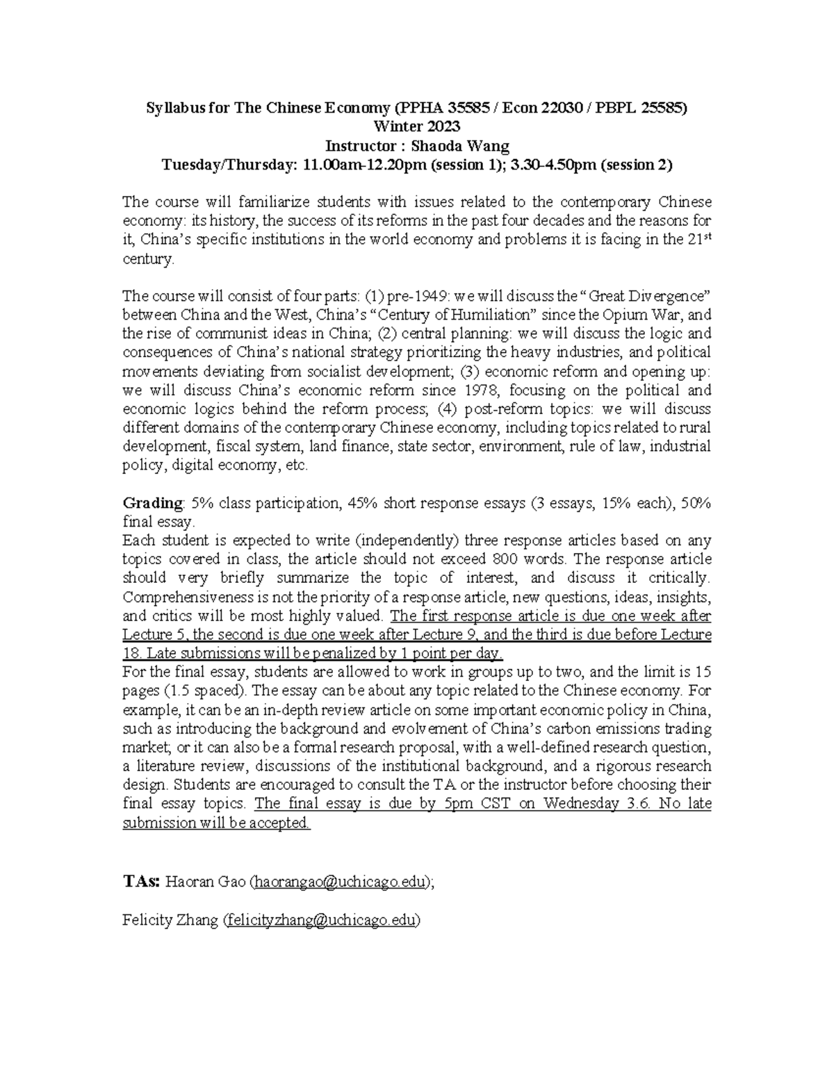 Syllabus for The Chinese Economy (PPHA 35585) Winter 2023 - Studocu